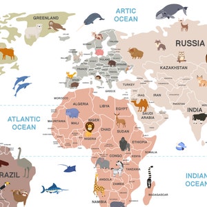 Printable World Map Poster With 80+ Animals: Classroom Decor, Nursery ...