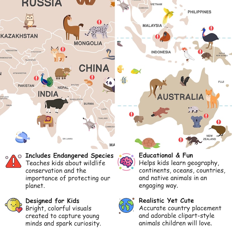 World Map Poster for Kids – Printable Educational Wall Art With Animals ...