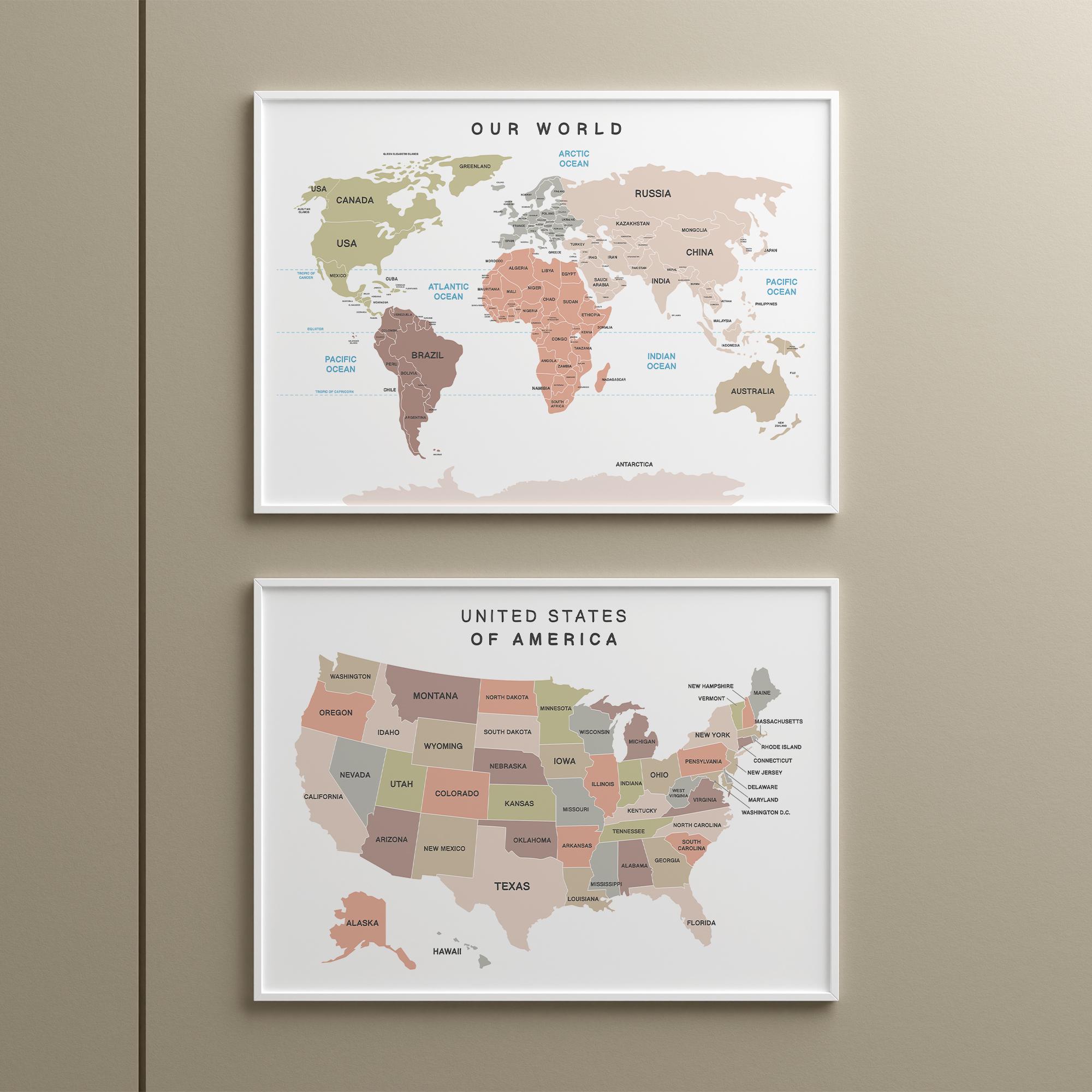 USA Map & World Map Poster Set – Printable America Map and World Travel ...