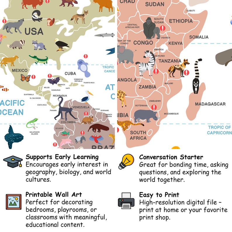 World Map Poster for Kids – Printable Educational Wall Art With Animals ...