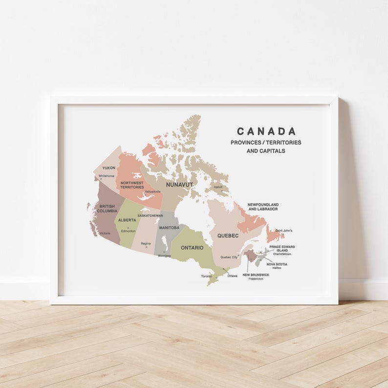 Canada Map Art Print: Provinces, Territories & Capitals | Beige ...