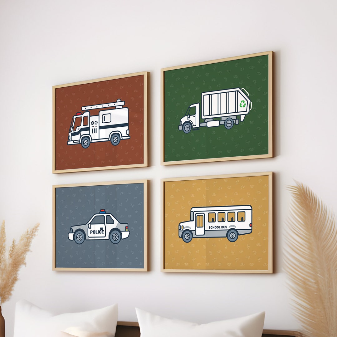 Nursery Wall Art With Fire Engine, School Bus, Construction Truck Print ...