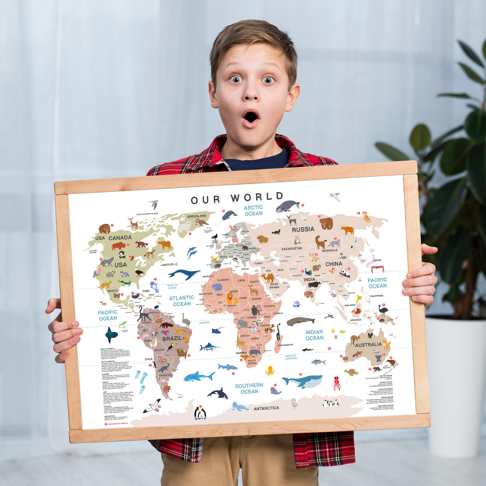 World Map Poster for Kids – Printable Educational Wall Art With Animals ...