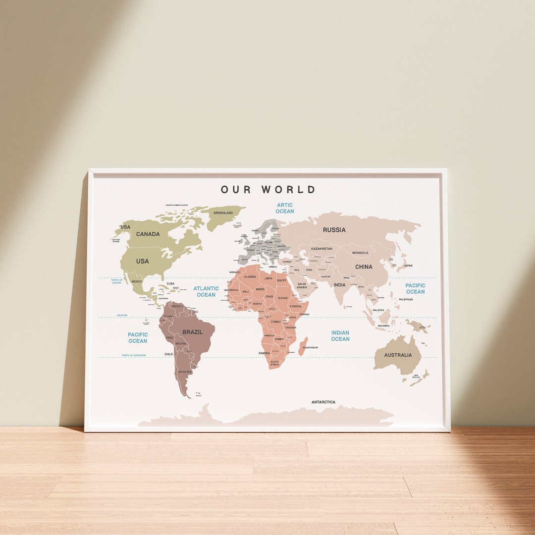 Printable World Map Poster - Large Minimal Map Art for Boho Wall Decor ...