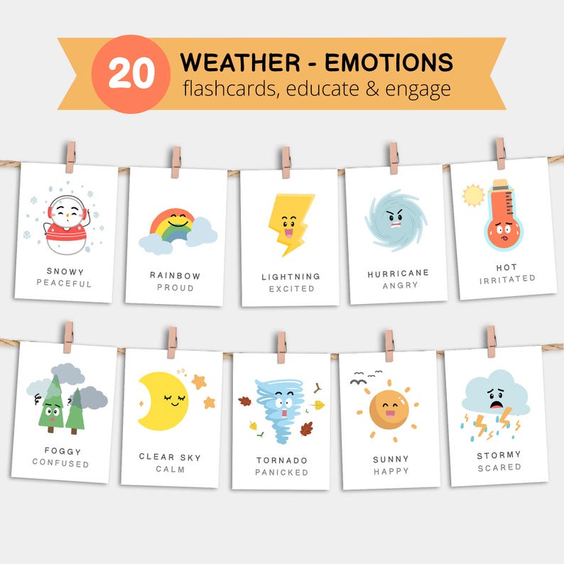 Weather and Emotions Flashcards for Kids: Printable Educational Cards ...