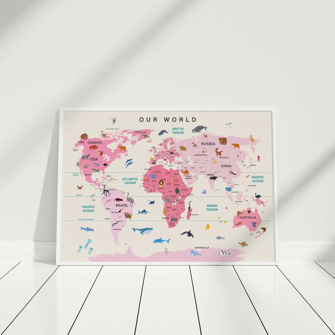 World Map Wall Art for Girls, Pink World Map Poster With 80+ Animals ...