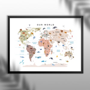 Printable World Map Poster With 80+ Animals: Classroom Decor, Nursery ...