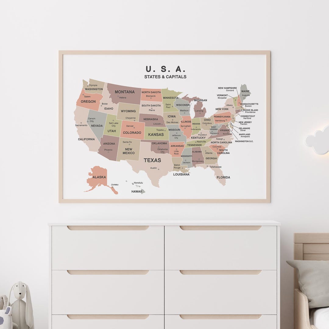 USA Map Poster: States and Capitals in Pastel Colors | Educational ...