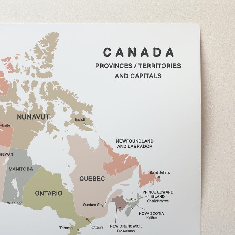 Canada Map Art Print: Provinces, Territories & Capitals | Beige ...