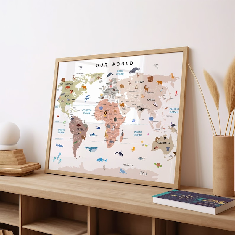 Printable World Map Poster With 80+ Animals: Classroom Decor, Nursery ...