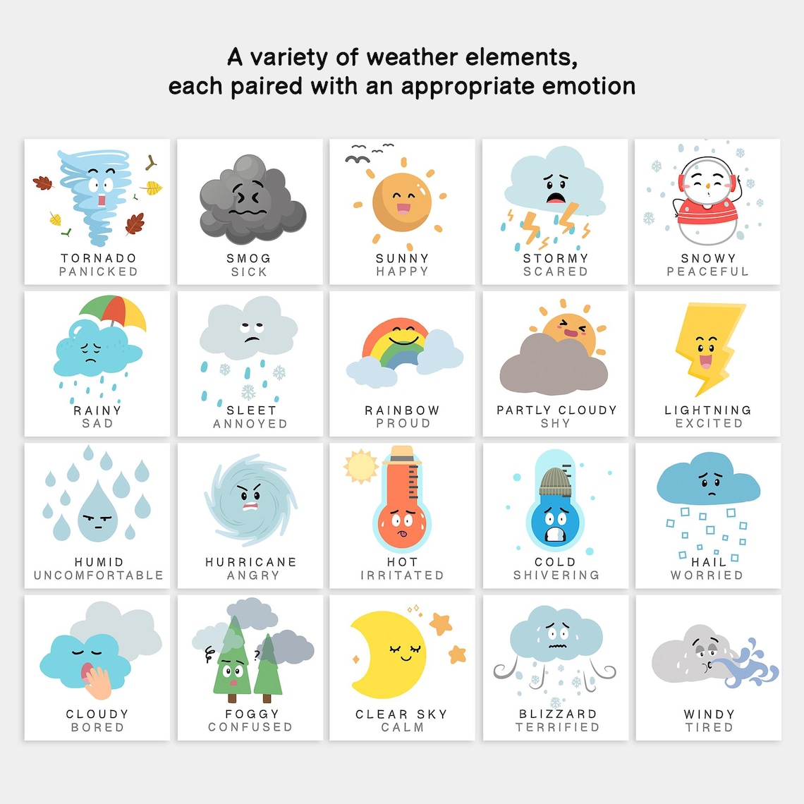 Weather and Emotions Flashcards for Kids: Printable Educational Cards ...