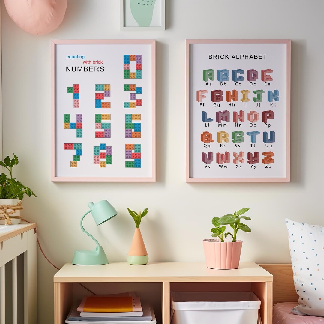 Alphabet and Numbers Poster Set: Brick-style Educational Wall Art ...