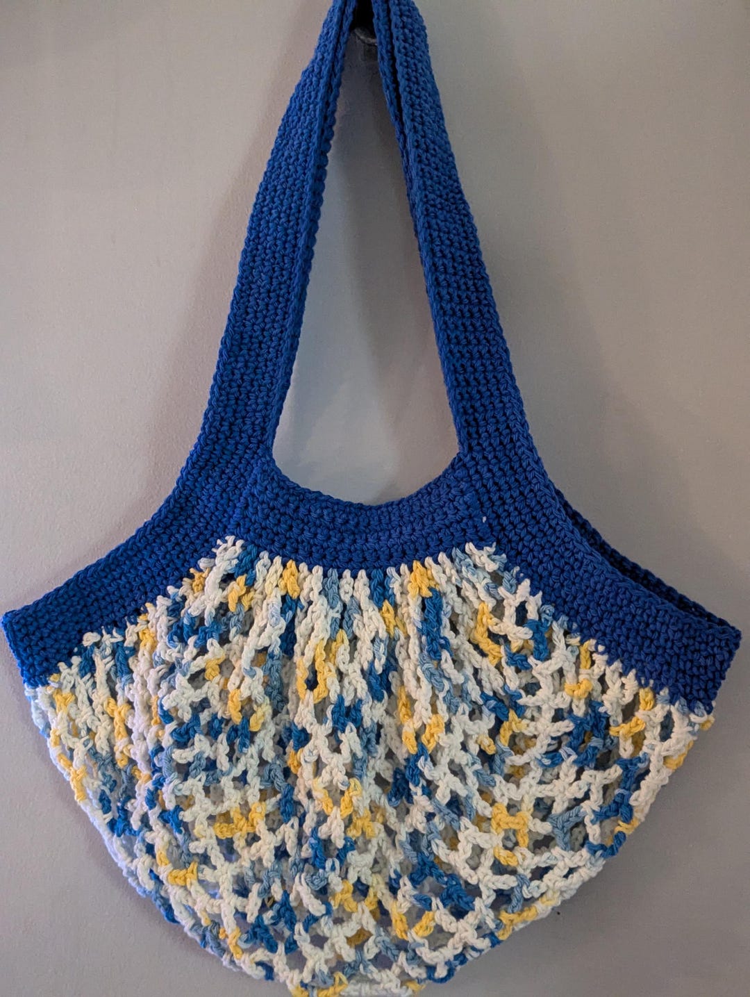 Handmade Blue and Yellow Mesh Market Bag, Mesh Multicolor Beach Bag ...