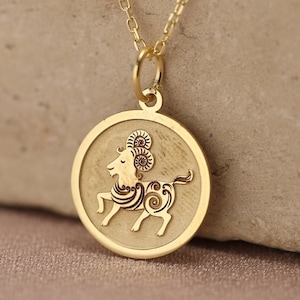 14k Solid Gold Aries Zodiac Necklace, Aries Ram Pendant , Zodiac Solid ...