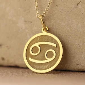 14k Solid Gold Cancer Zodiac Necklace, Cancer Pendant , Zodiac Solid ...