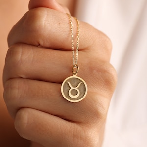 14k Solid Gold Taurus Zodiac Necklace, Taurus Symbol Pendant, Zodiac ...