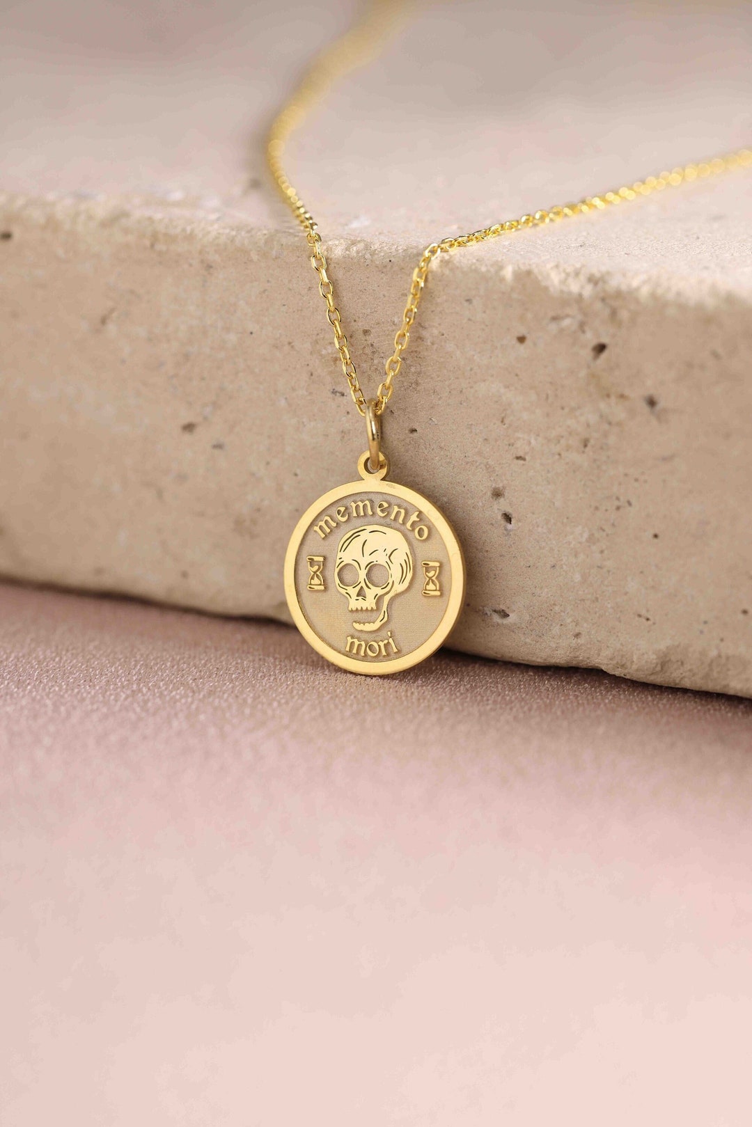 14k Solid Gold Memento Mori Necklace , Memento Mori Pendant , Amor Fati ...