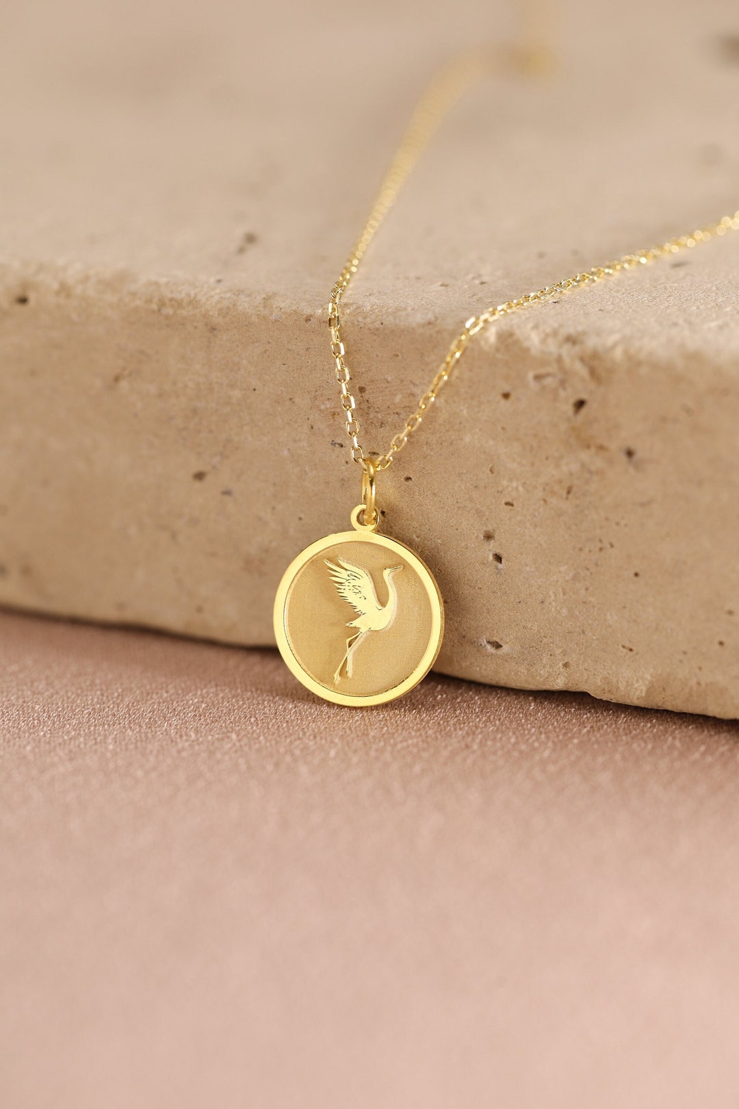 14k Solid Gold Crane Bird Necklace , Gold Crane Pendant , Dainty Bird ...