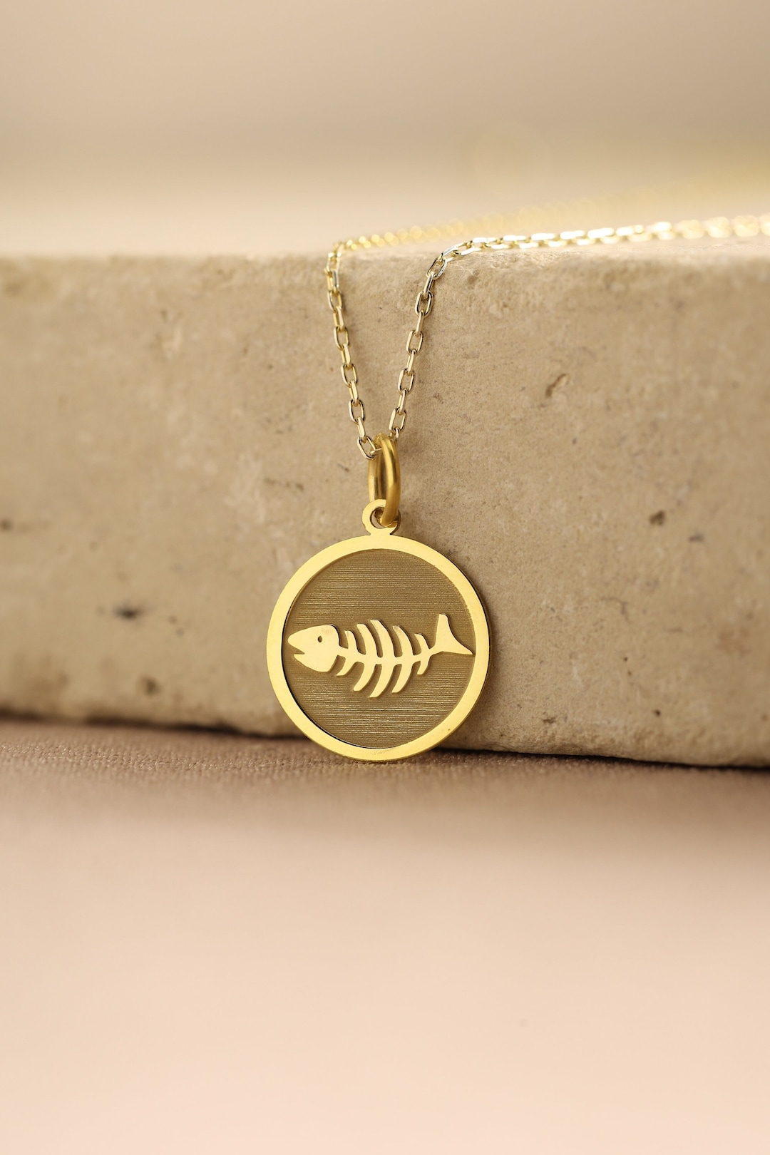 14k Solid Gold Fishbone Necklace , Solid Gold Fish Pendant , Pisces ...