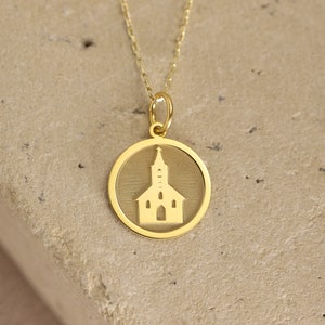 14k Solid Gold Church Necklace , Christian Church Gold Pendant , Gold ...