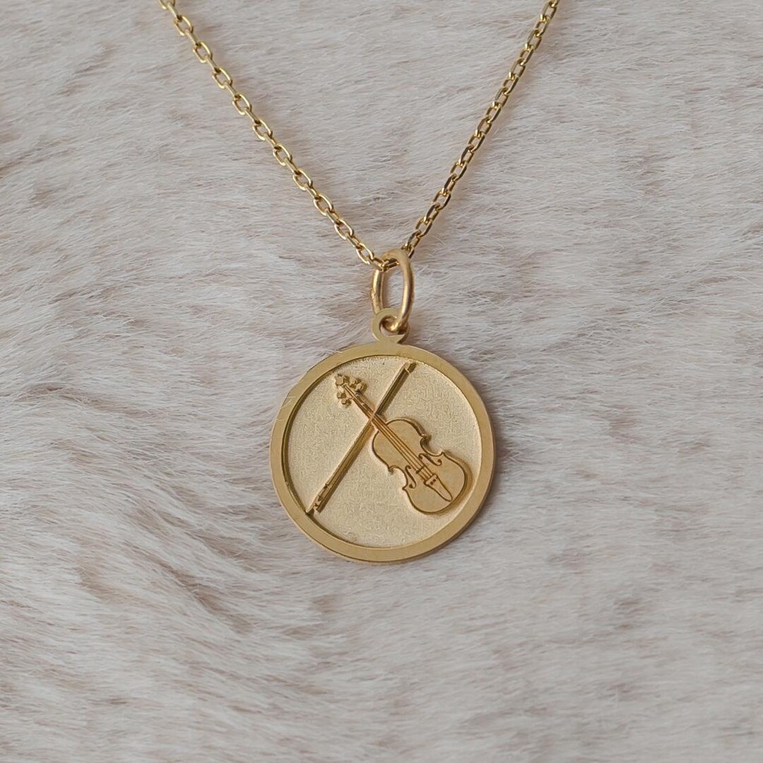 14k Solid Gold Violin and Bow Necklace , Gold Violin Pendant , Gift for ...