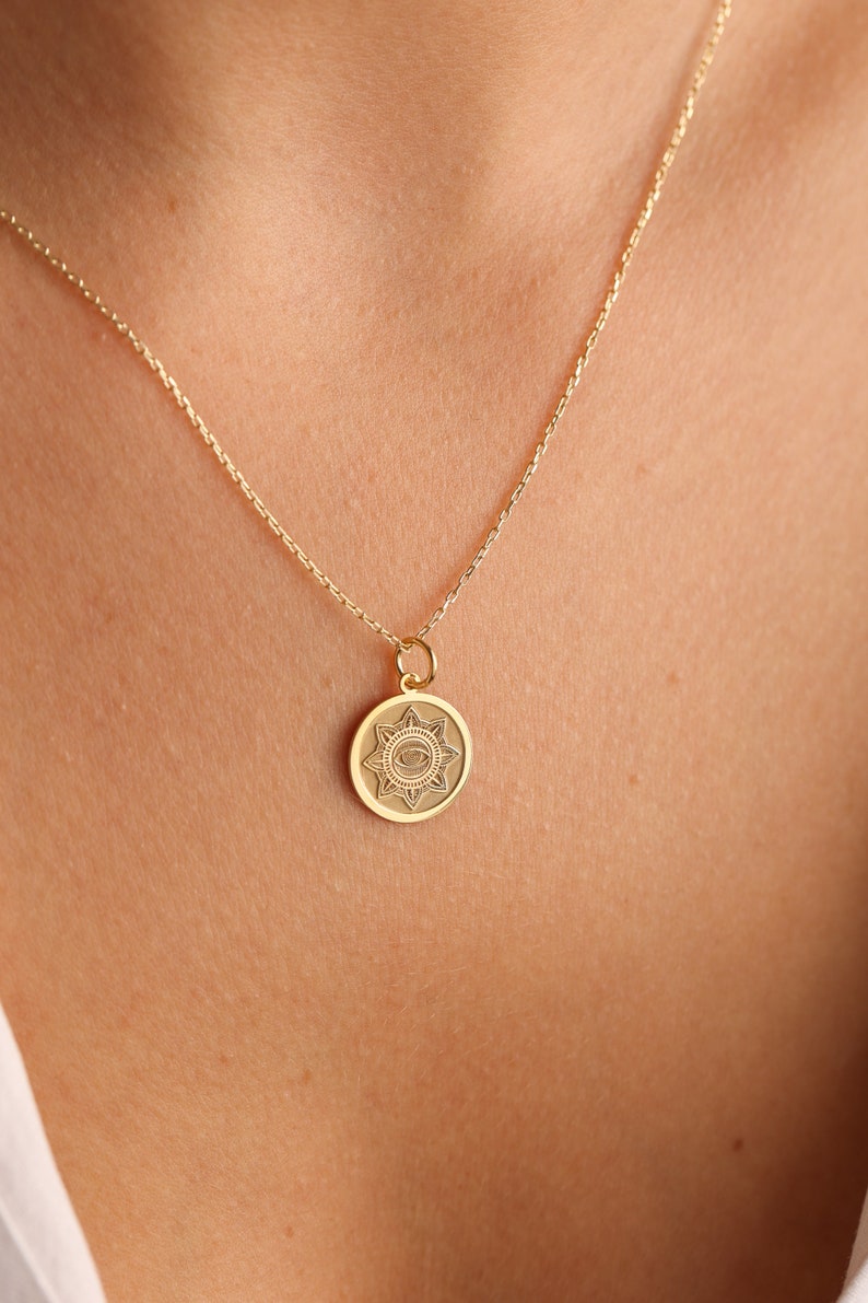 14k Solid Gold Evil Eye Necklace Gold Evil Eye Disc Jewelry - Etsy