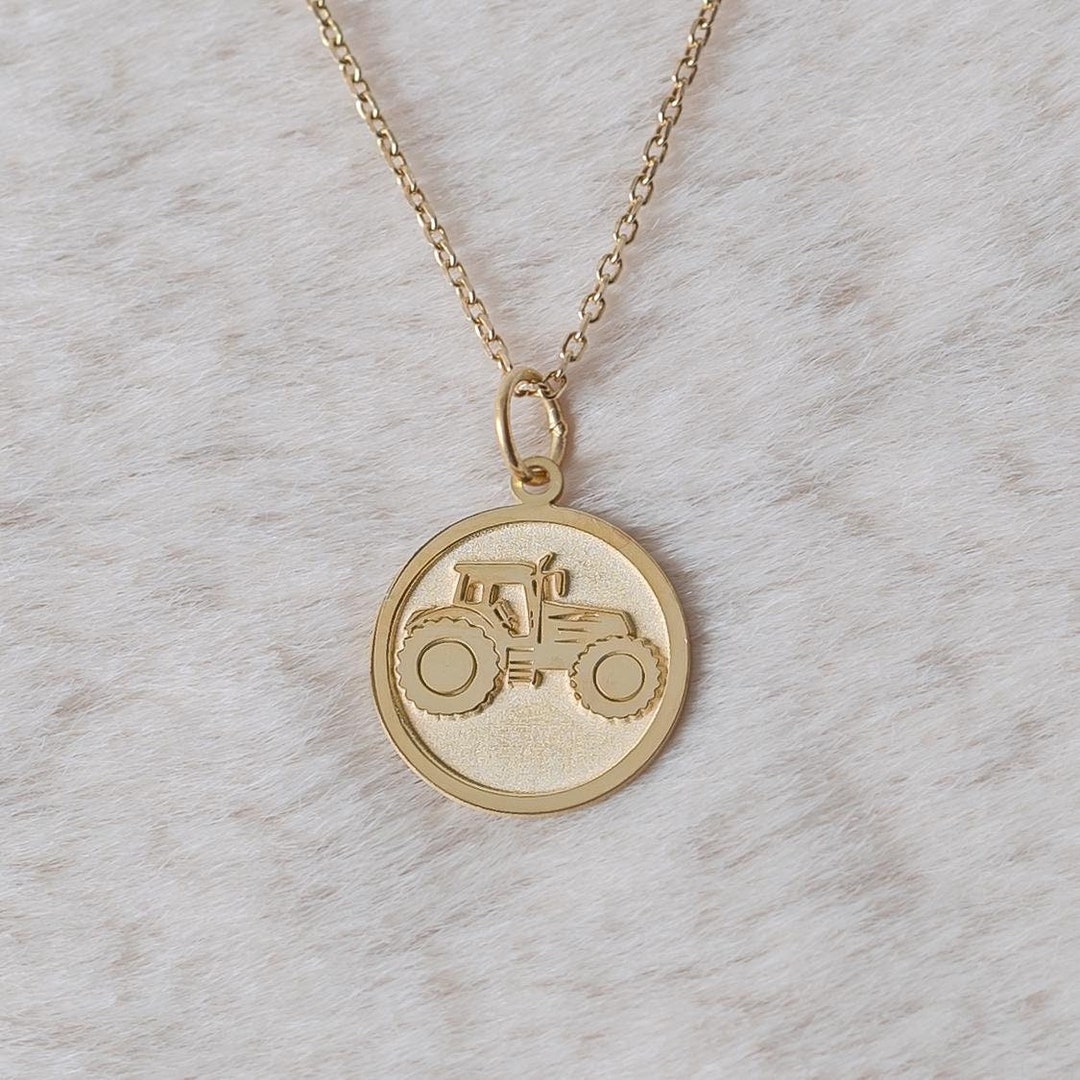 14k Solid Gold Tractor Pendant , İnitial Charm , Farm Jewelry , Farmer ...