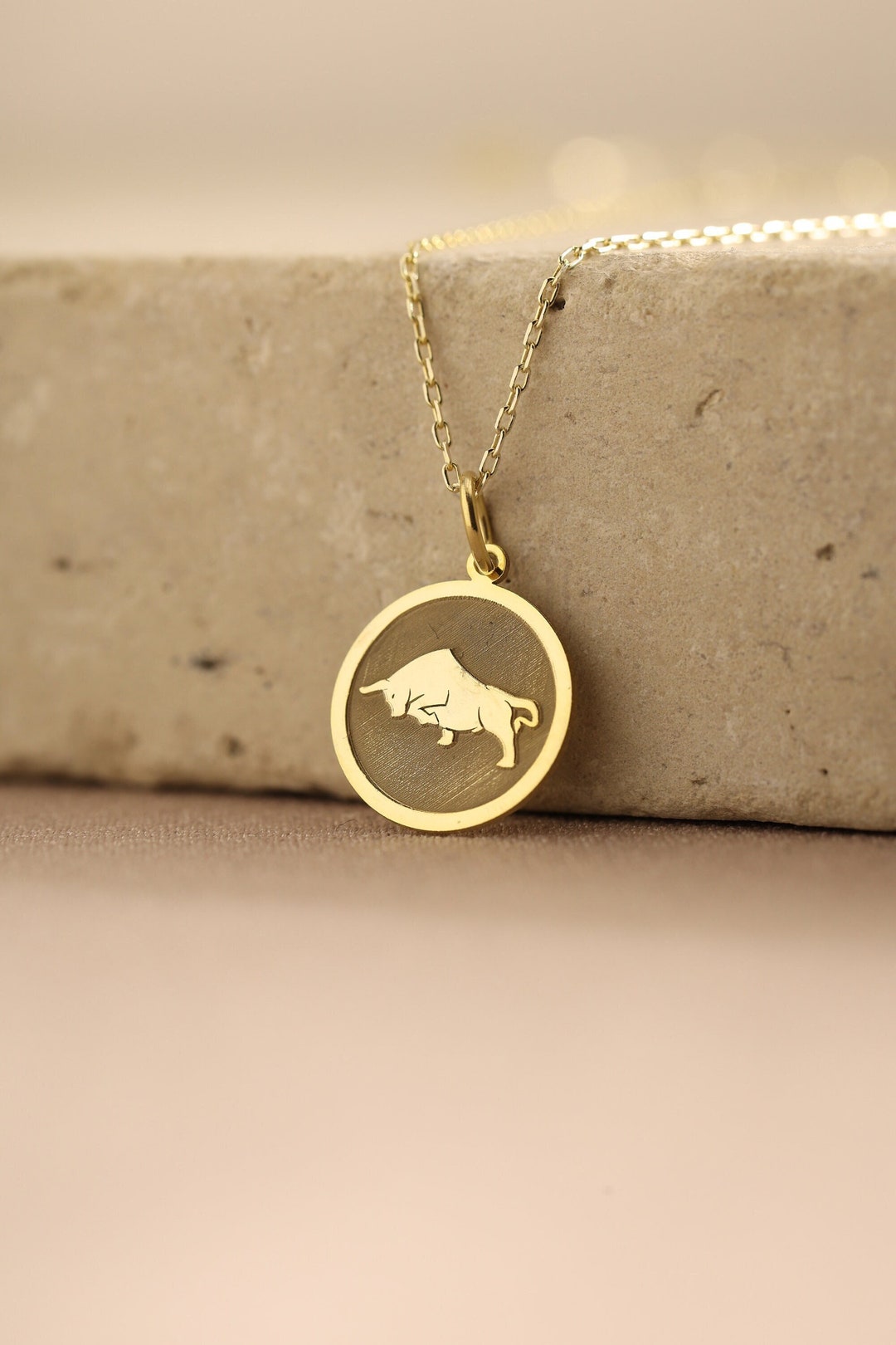 14k Solid Gold Taurus Zodiac Necklace, Taurus Bull Pendant , Zodiac ...