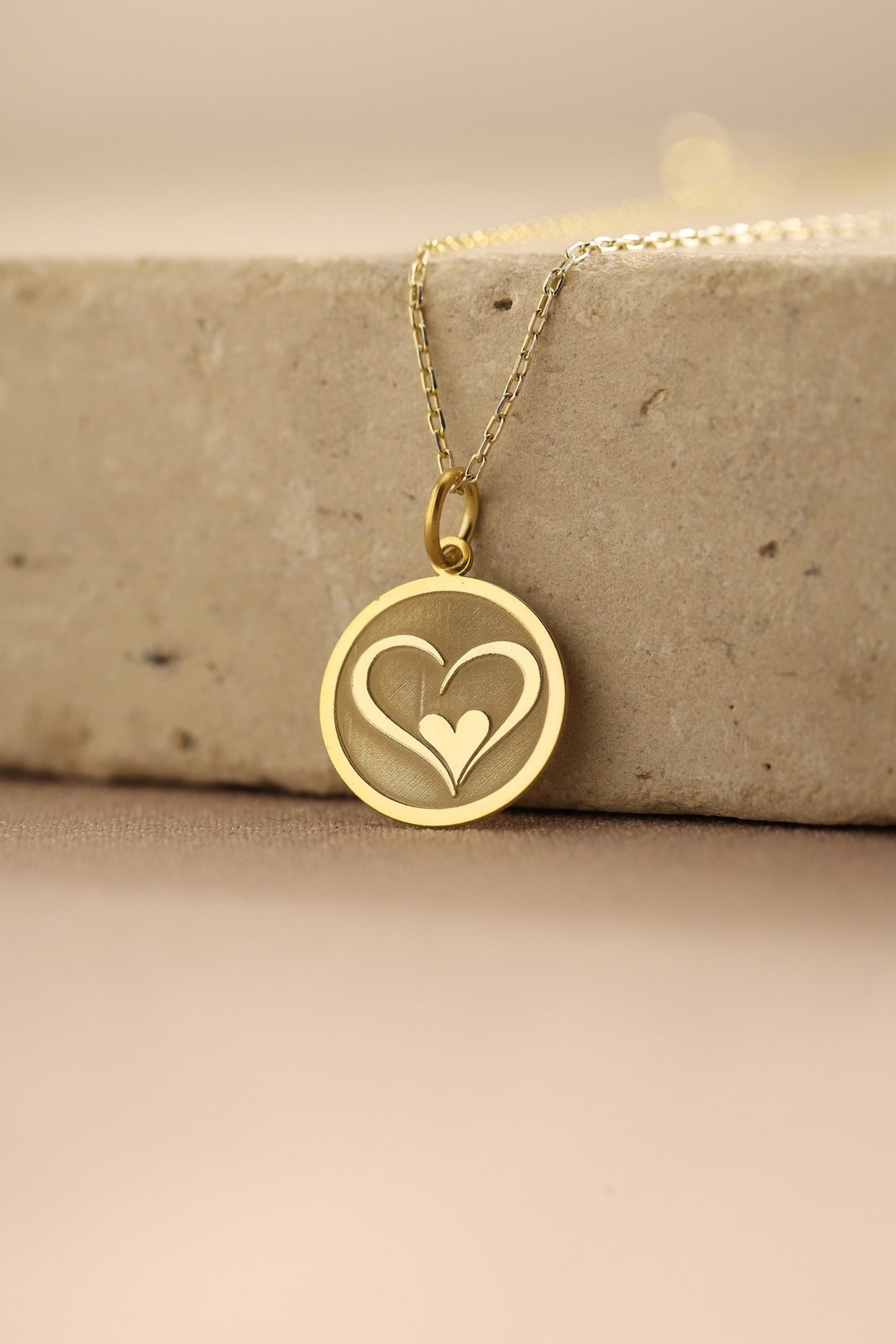 14k Solid Gold Heart Necklace , Personalized Love Heart Pendant , Love ...