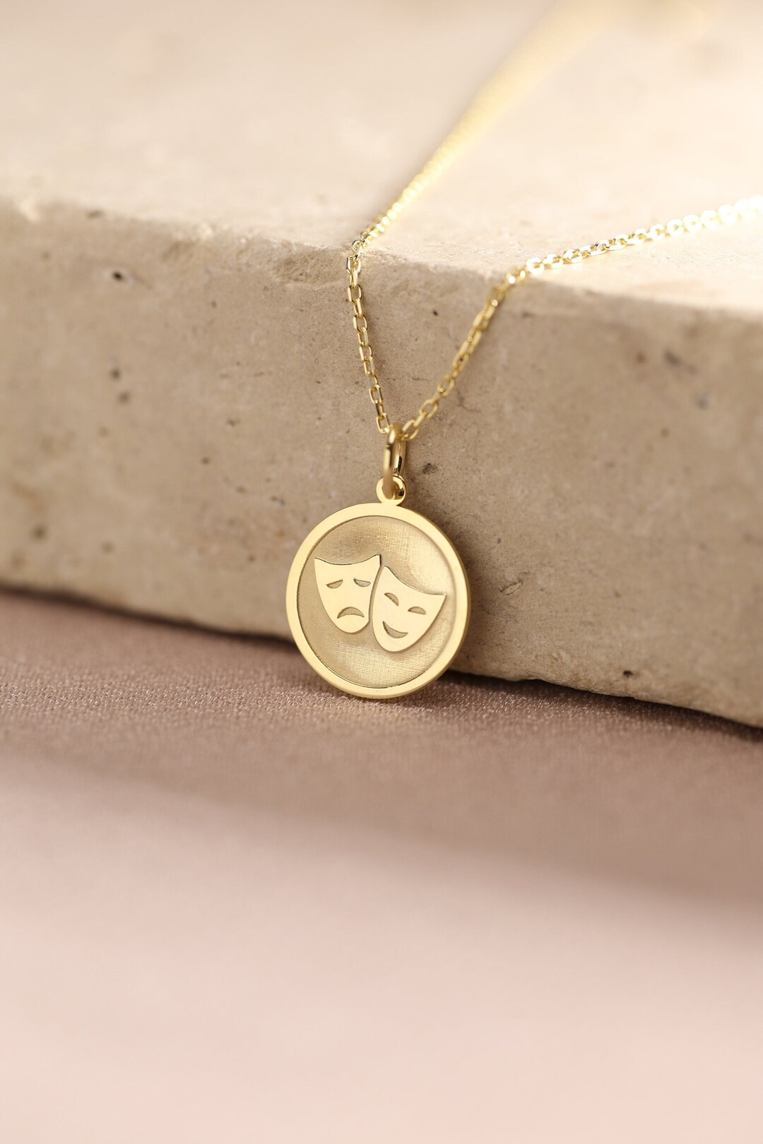 14k Solid Gold Comedy and Tragedy Mask Necklace , Comedy and Tragedy ...