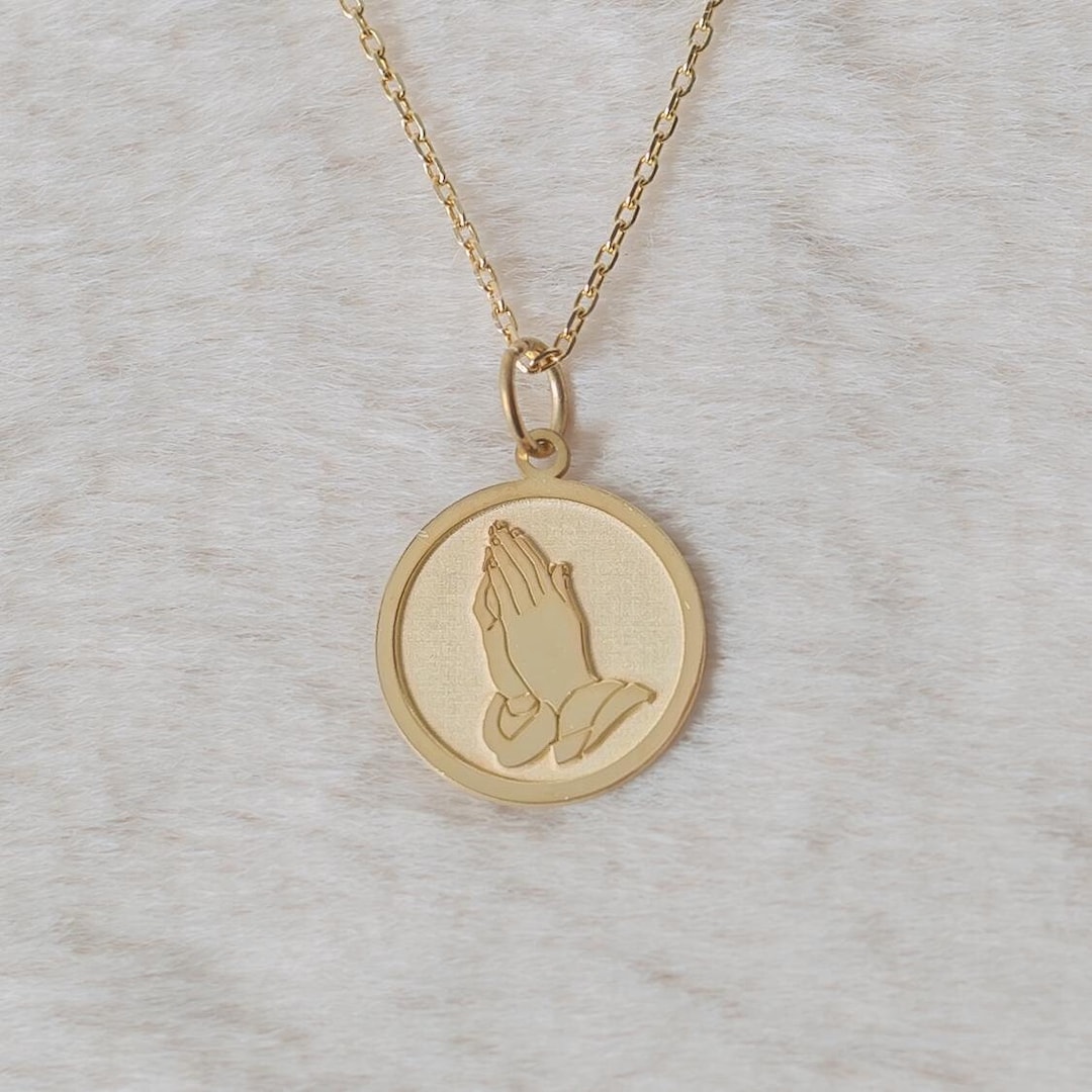 14k Solid Gold Praying Hands Necklace, Personalized Praying Hands ...