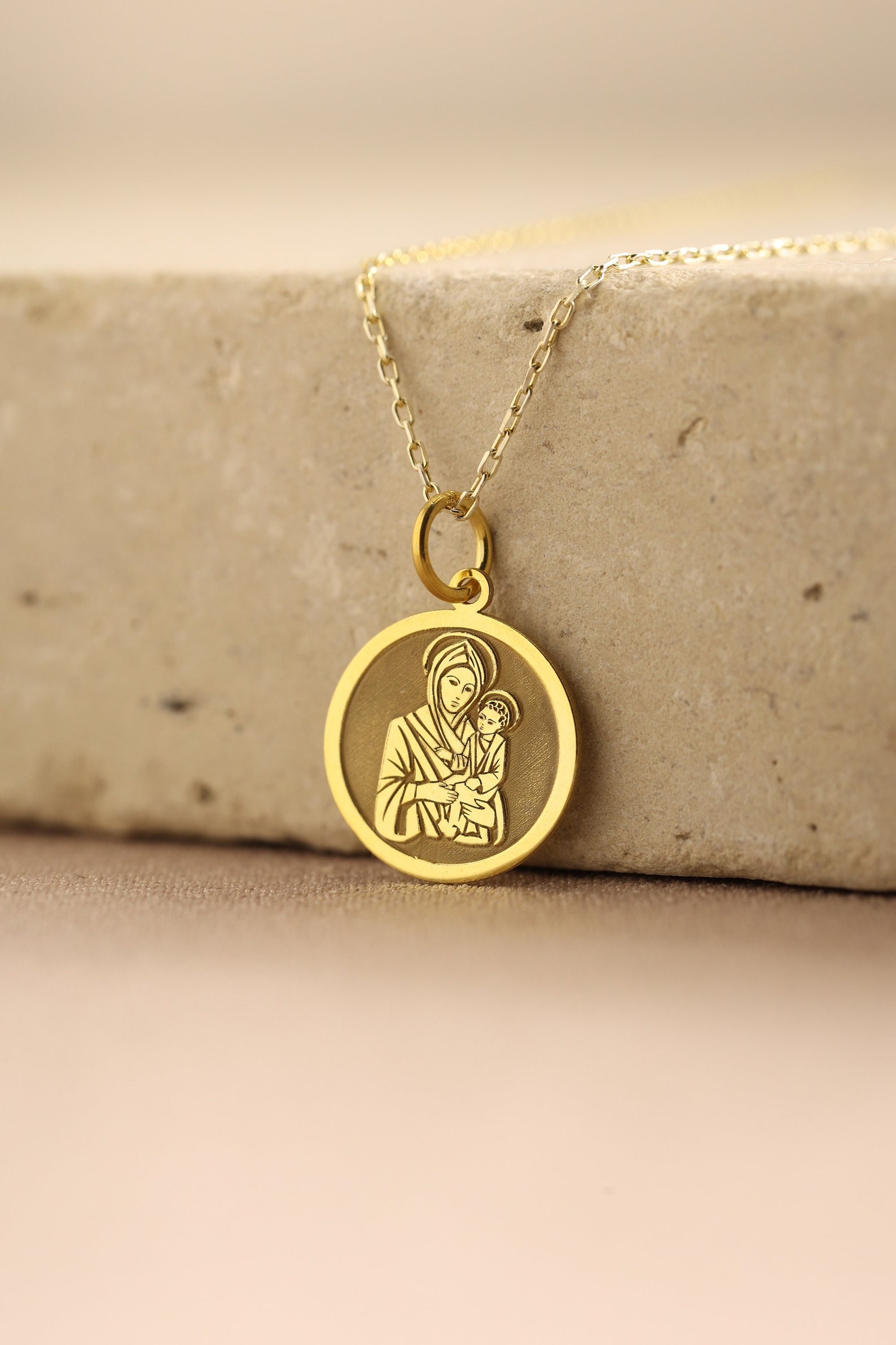 14k Solid Gold Mary and Jesus Necklace ,virgin Mary , Holy Mother ...