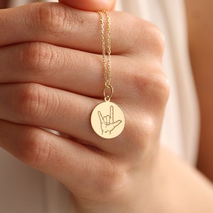 14k Solid Gold ASL Sign Language Necklace , I Love You ASL Sign ...