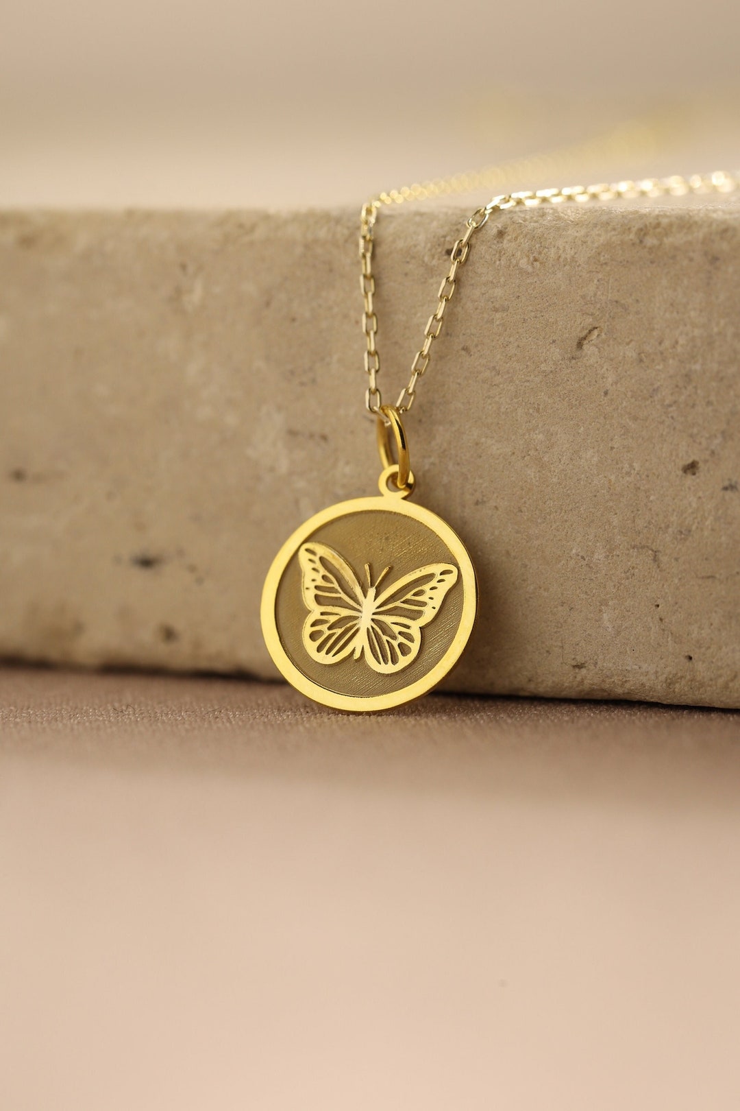 14k Solid Gold Monarch Butterfly Necklace , Personalized Monarch ...