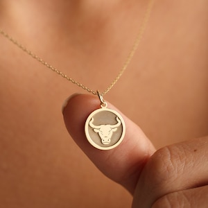 14k Solid Gold Taurus Zodiac Necklace, Taurus Bull Pendant , Zodiac ...