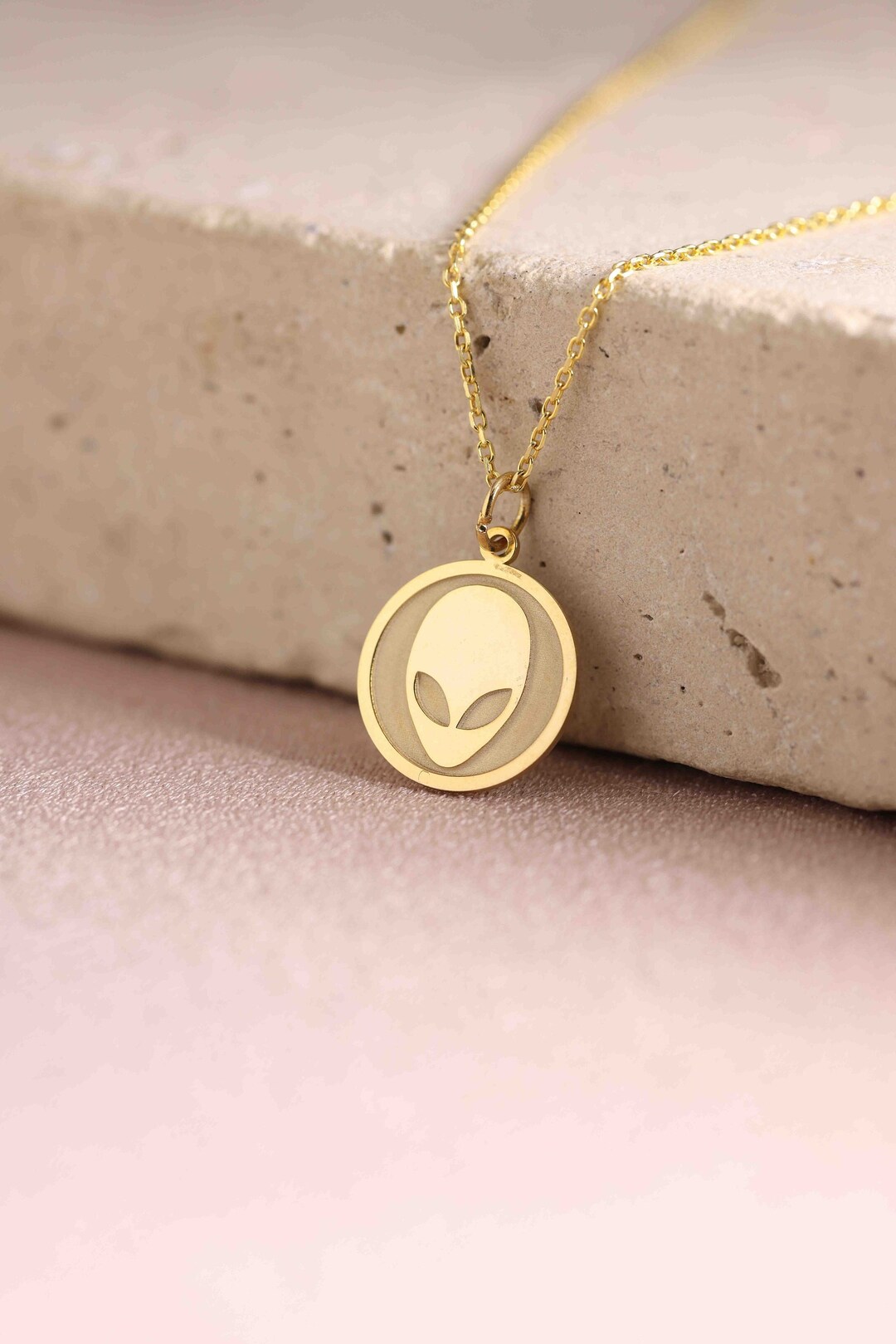 14k Solid Gold Alien Necklace , Dainty 14k Gold Alien Necklace , Alien ...