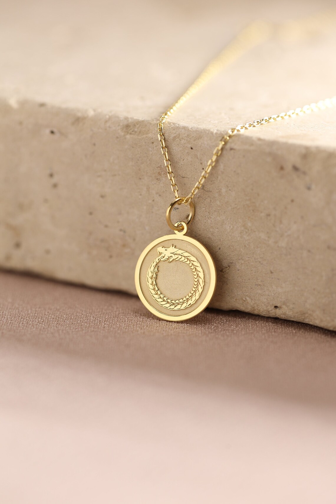 14k Solid Gold Ouroboros Necklace , Pesronalized Dragon Pendant ...