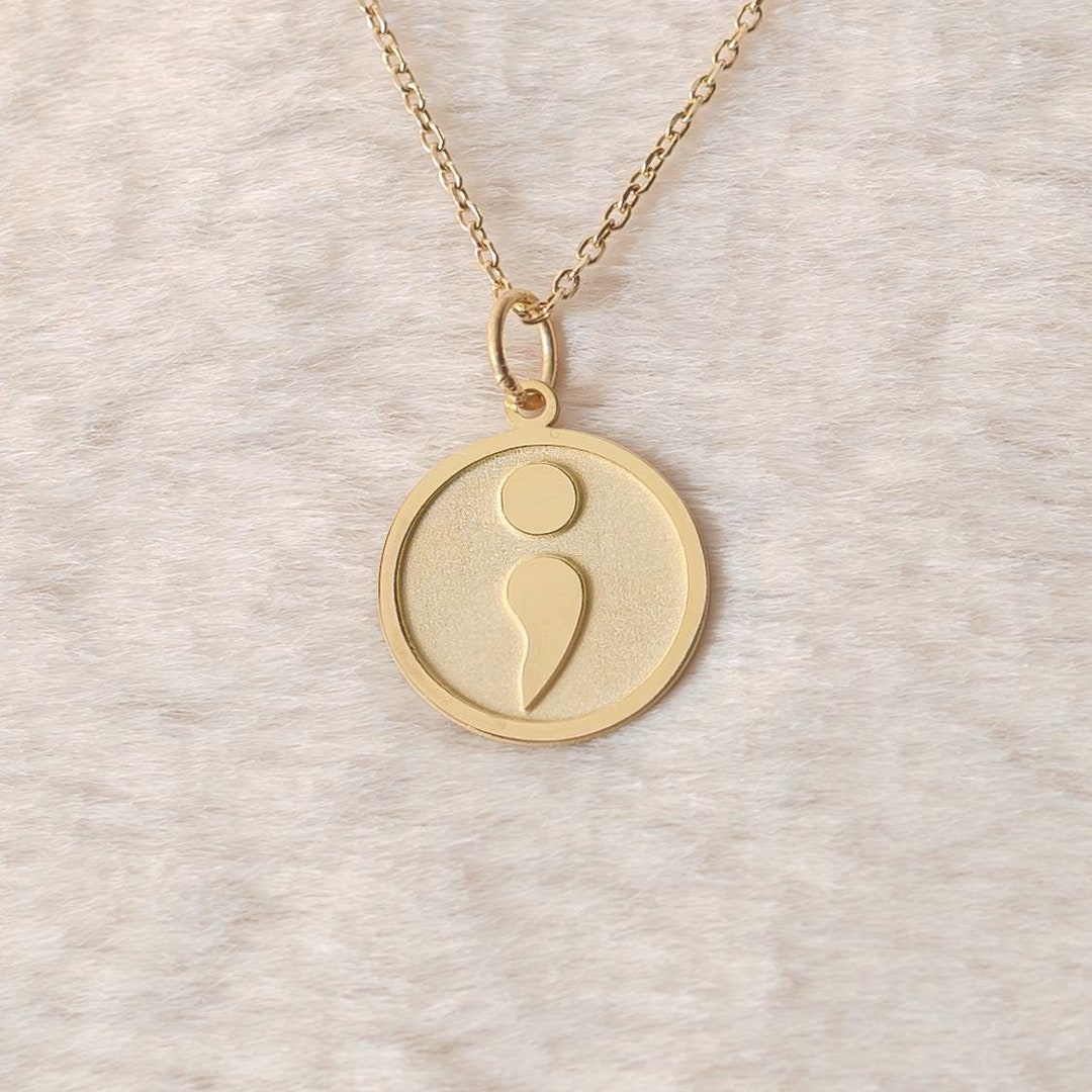 14k Solid Gold Semicolon Necklace, Semicolon Pendant, Personalized ...