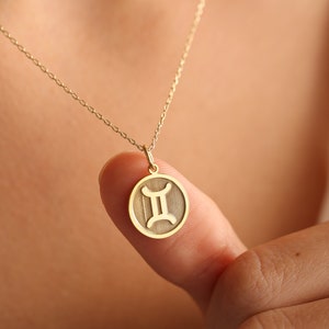 14k Solid Gold Gemini Necklace , Zodiac Gemini Gold Pendant , Gemini ...