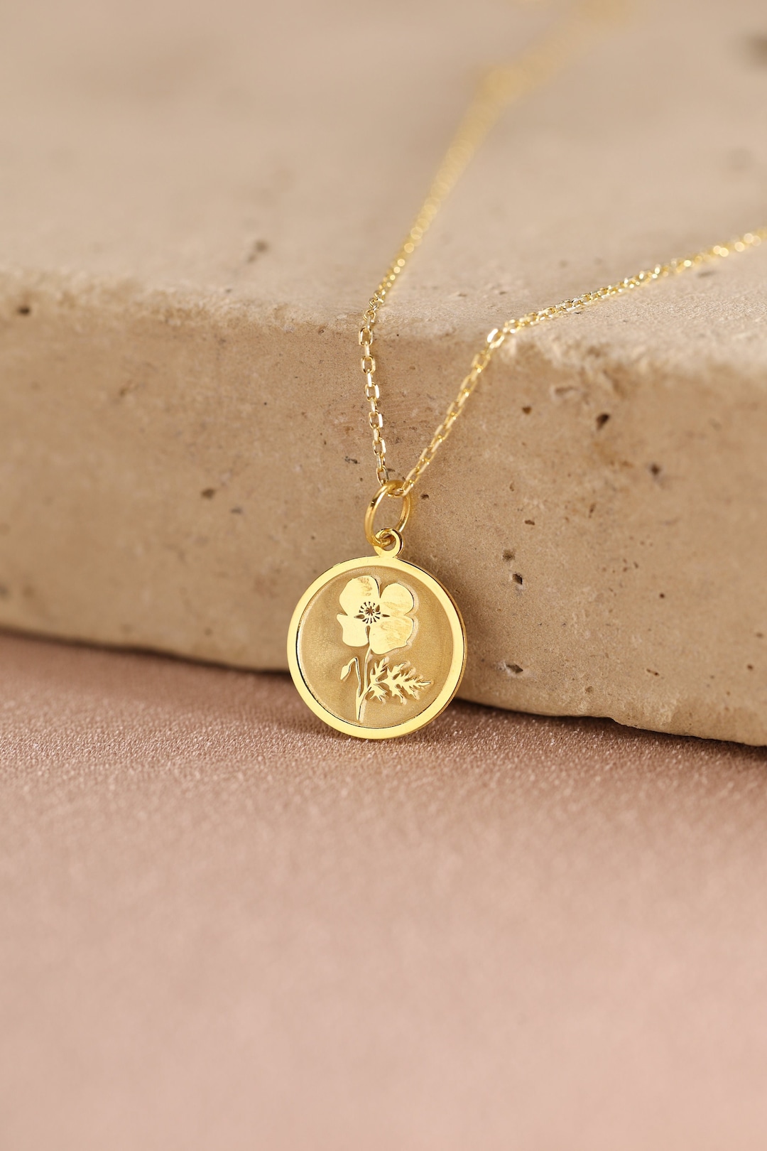 14k Solid Gold Poppy Flower Necklace , Personalized Poppy Charm ...