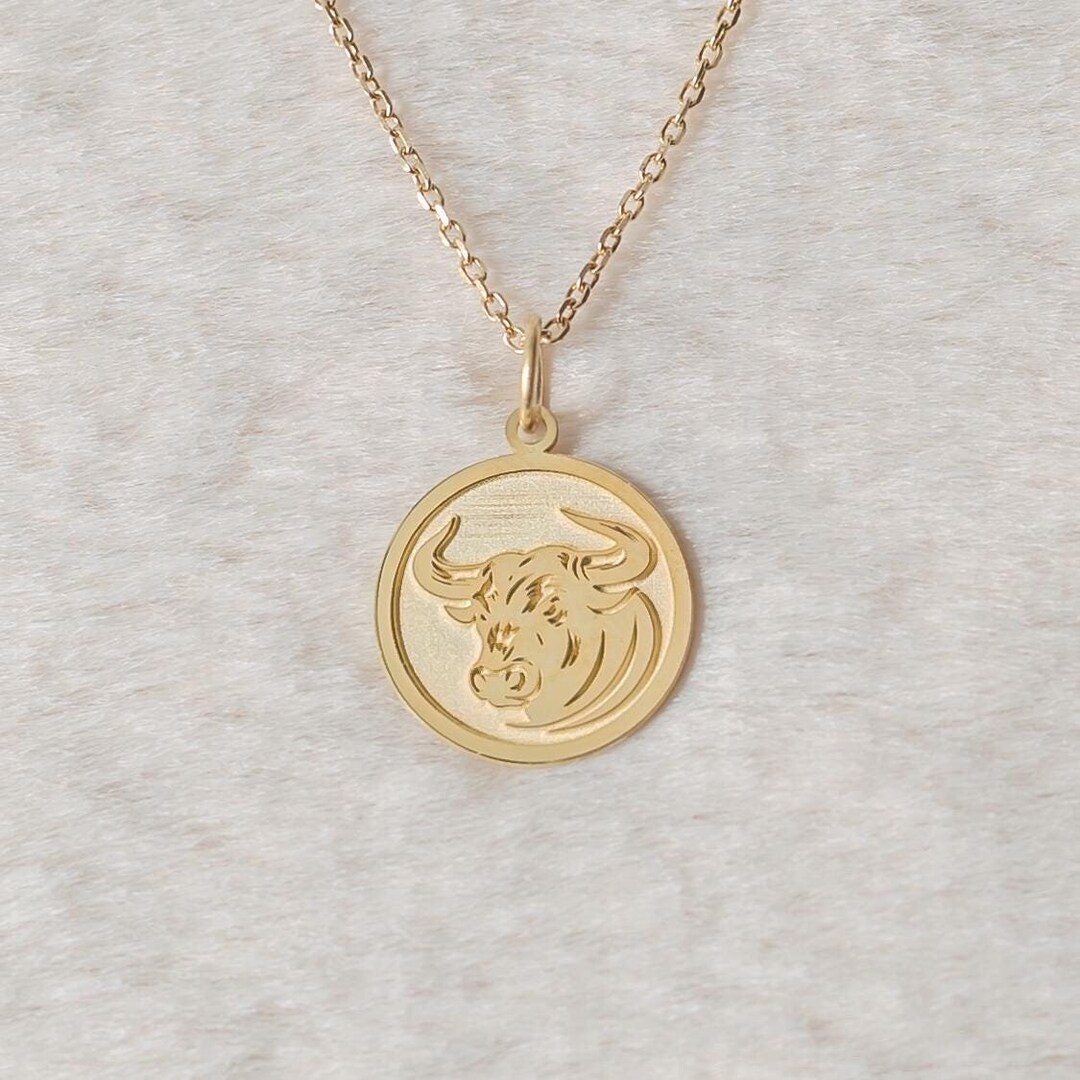 14k Solid Gold Bull Head Necklace , Bull Head Pendant , Zodiac Solid ...