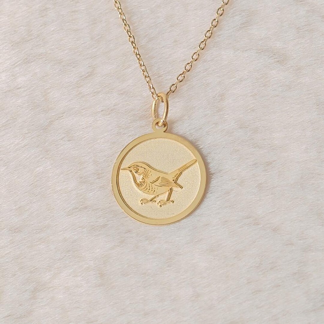 14k Solid Gold Wren Bird Necklace, Gold Bird Coin Pendant,personalized ...