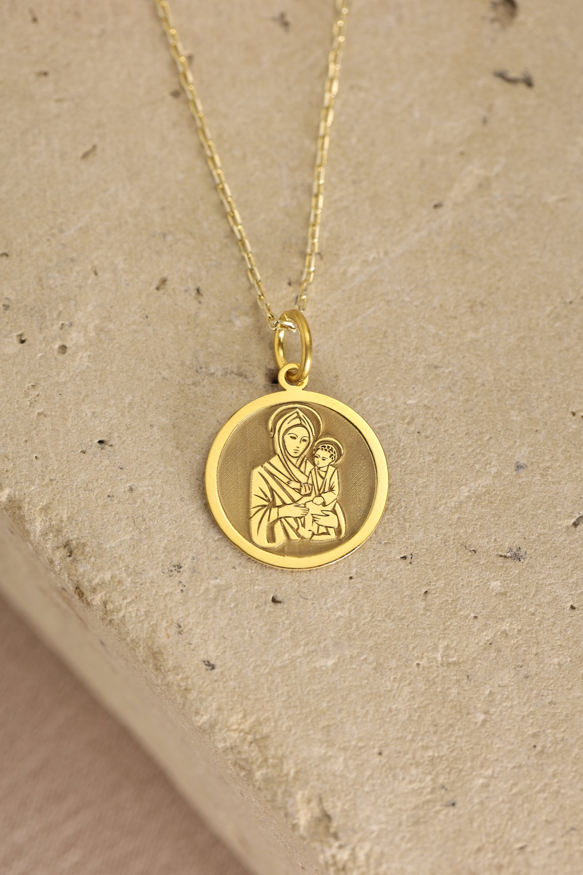 14k Solid Gold Mary and Jesus Necklace virgin Mary Holy - Etsy
