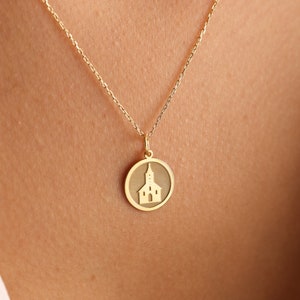 14k Solid Gold Church Necklace , Christian Church Gold Pendant , Gold ...