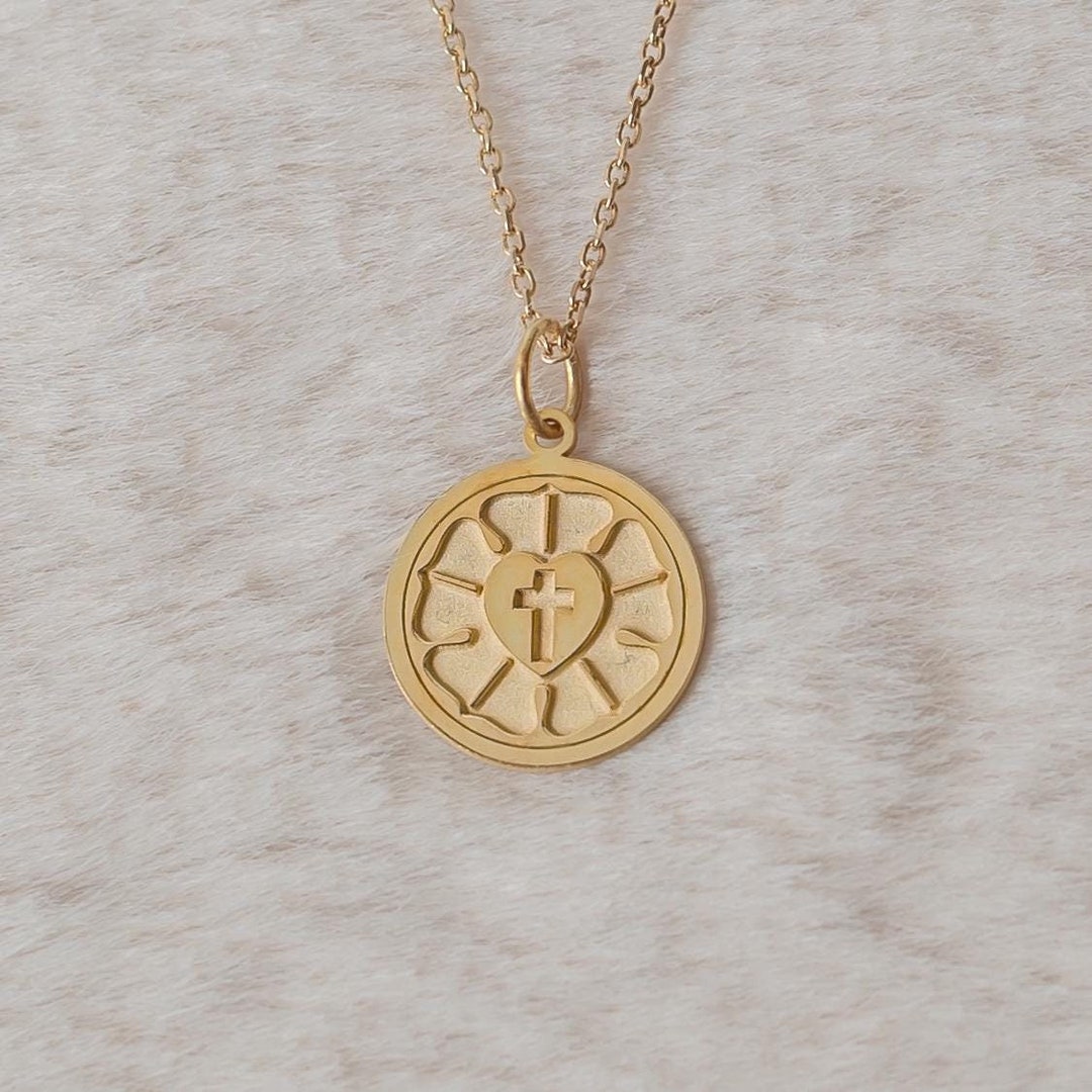 14k Solid Gold Luther Rose Necklace , Personalized Christian Coin ...