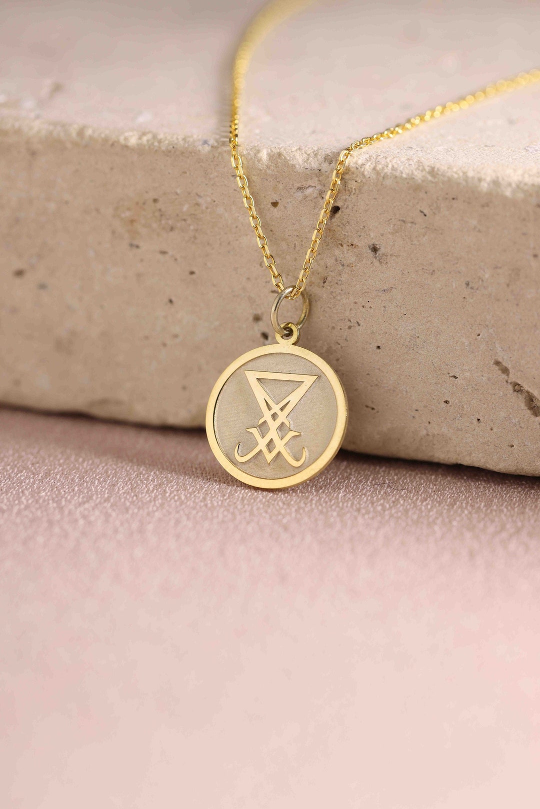 14k Solid Gold Sigil of Lucifer Necklace, Occult Charm Jewellery ...