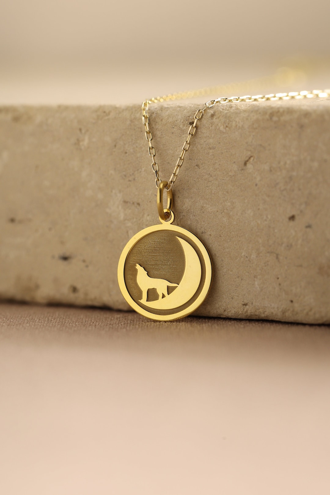 14k Solid Gold Moon - Wolf Necklace , Personalized Moon Wolf Pendant ...