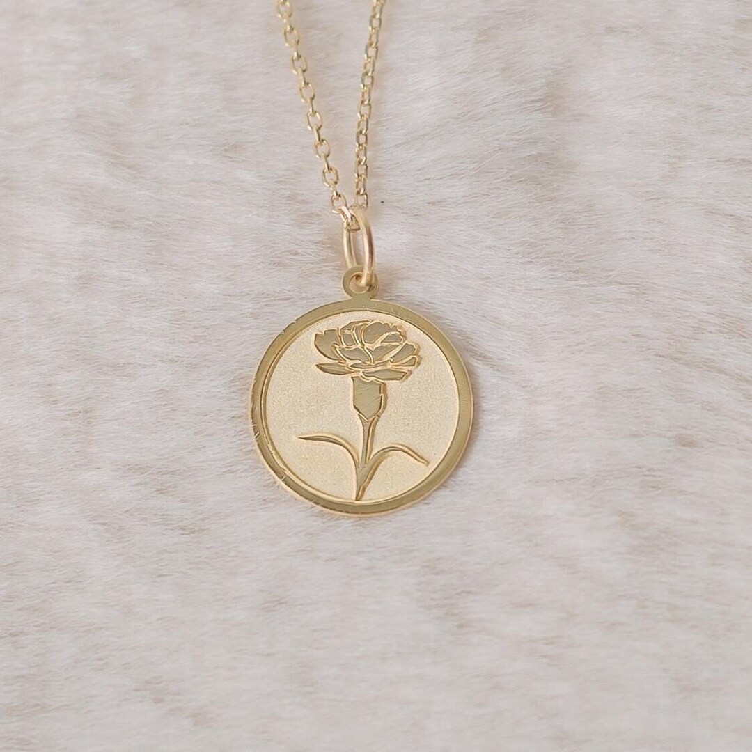 14k Solid Gold Carnation Flower Necklace, Personalized Carnation Flower ...