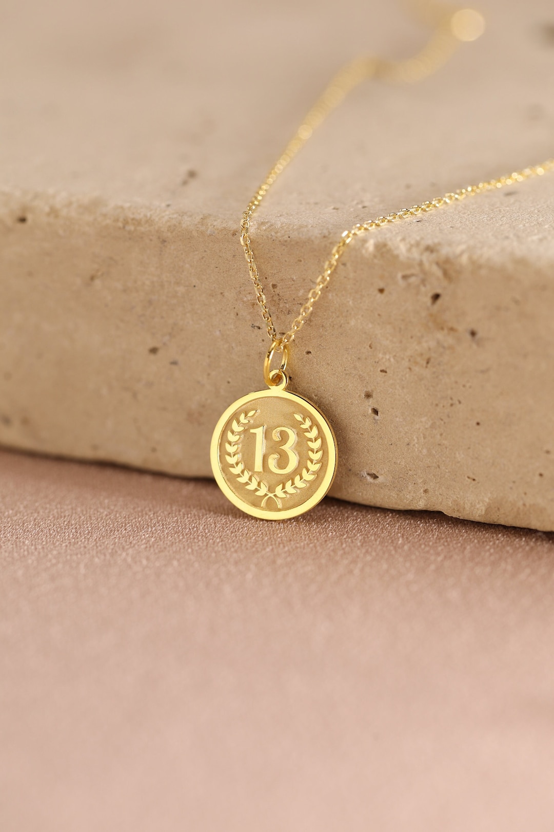 14k Solid Gold Lucky Number 13 Necklace , Personalized Lucky Pendant ...