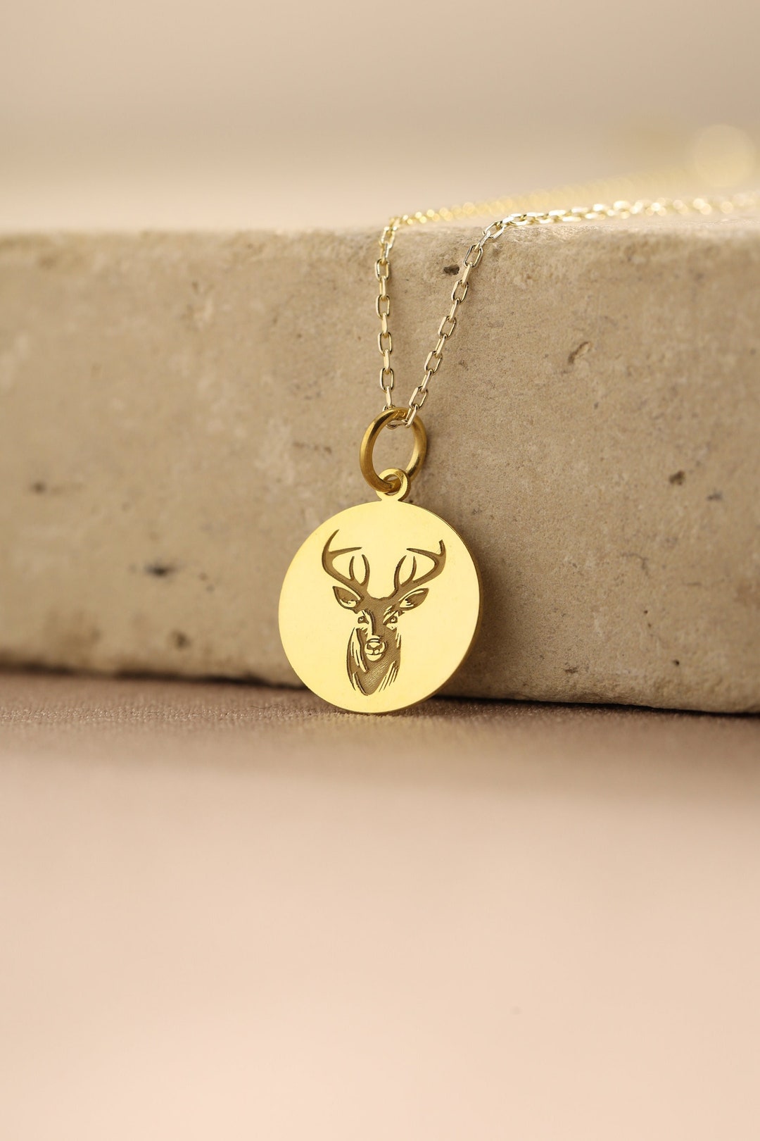 14k Solid Gold Deer Necklace , Personalized Head Deer Pendant , Dainty ...